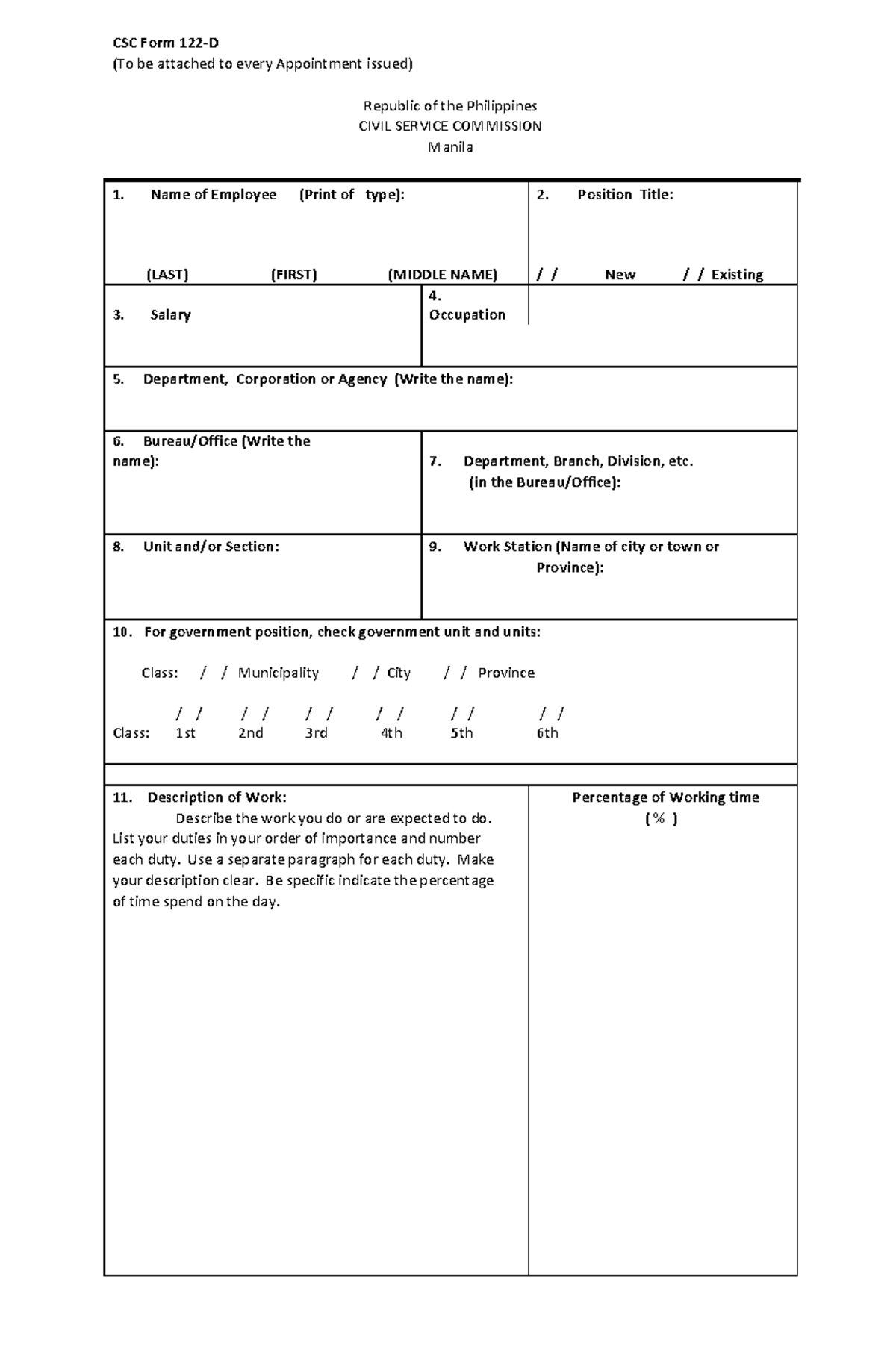 CSC Form 122-D: Appointment Document for Employee Submission - Studocu