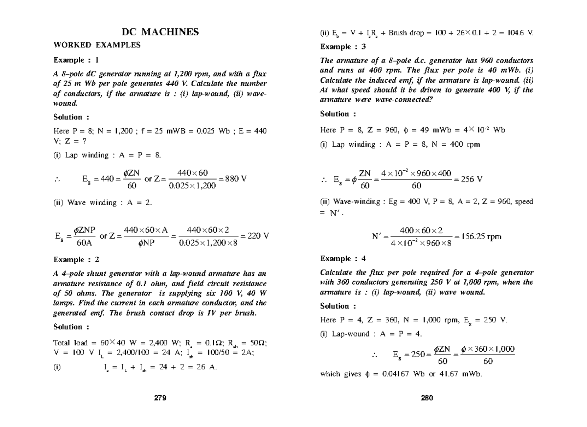 Pdfcoffee - Nice - 279 280 DC MACHINES ####### WORKED EXAMPLES ####### Example : 1 ####### A 8 ...