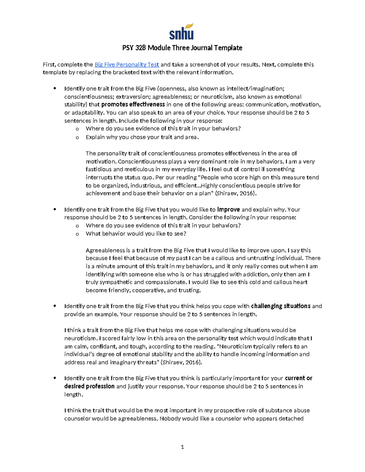 PSY-328-H2627 Big Five Personality Test Reflection Journal - Studocu