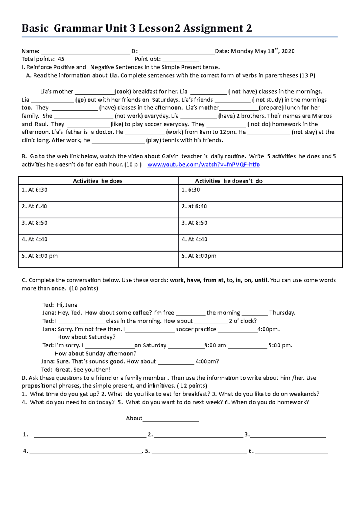 Basic Grammar Unit 3 Lesson 2 Assignment 2 - Basic Grammar Unit 3 Lesson2 Assignment 2 Name ...
