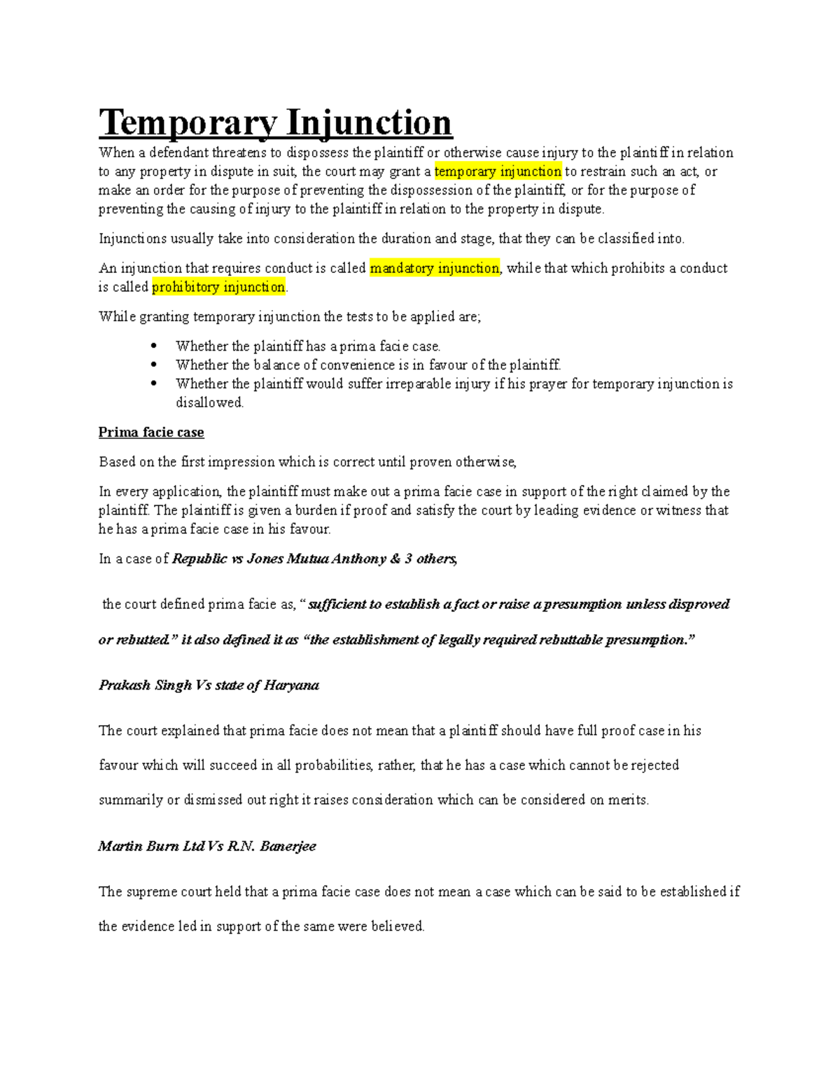 Temporary Injunction: Essential Principles and Case Law Insights - Studocu