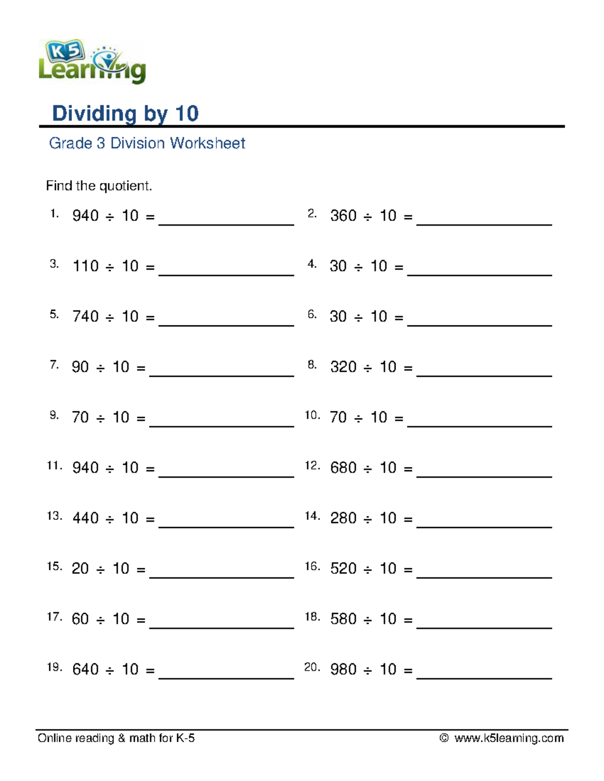 Grade 3 divide by 10 f - Division - Elementary Education - Online ...