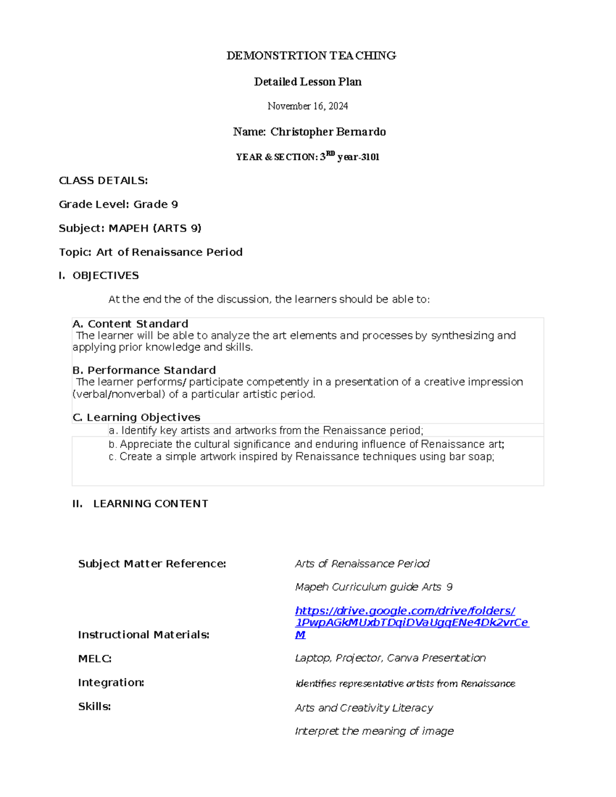 Bernardo Arts Of Renaissace 1 - DEMONSTRTION TEACHING Detailed Lesson ...