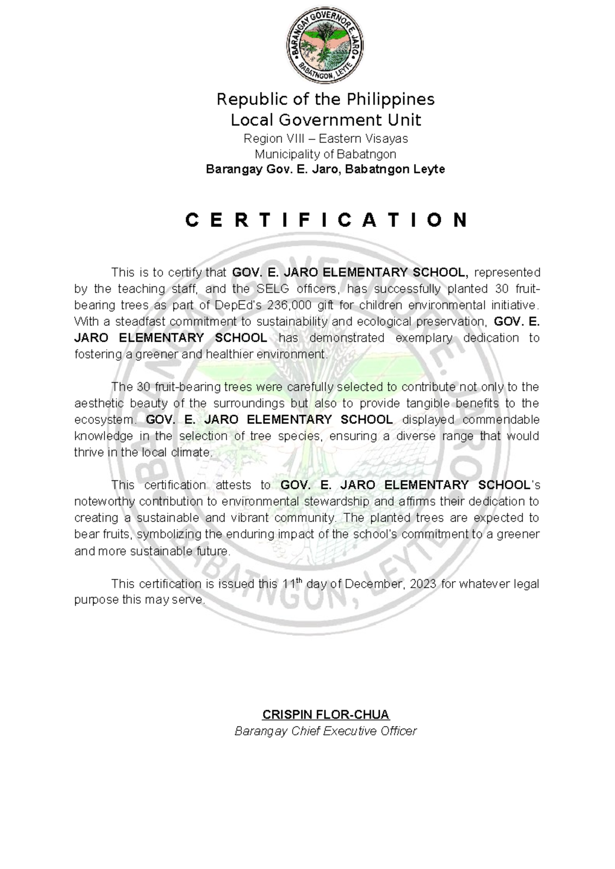 Certification of Tree Planting at Gov. E. Jaro Elementary School - Studocu