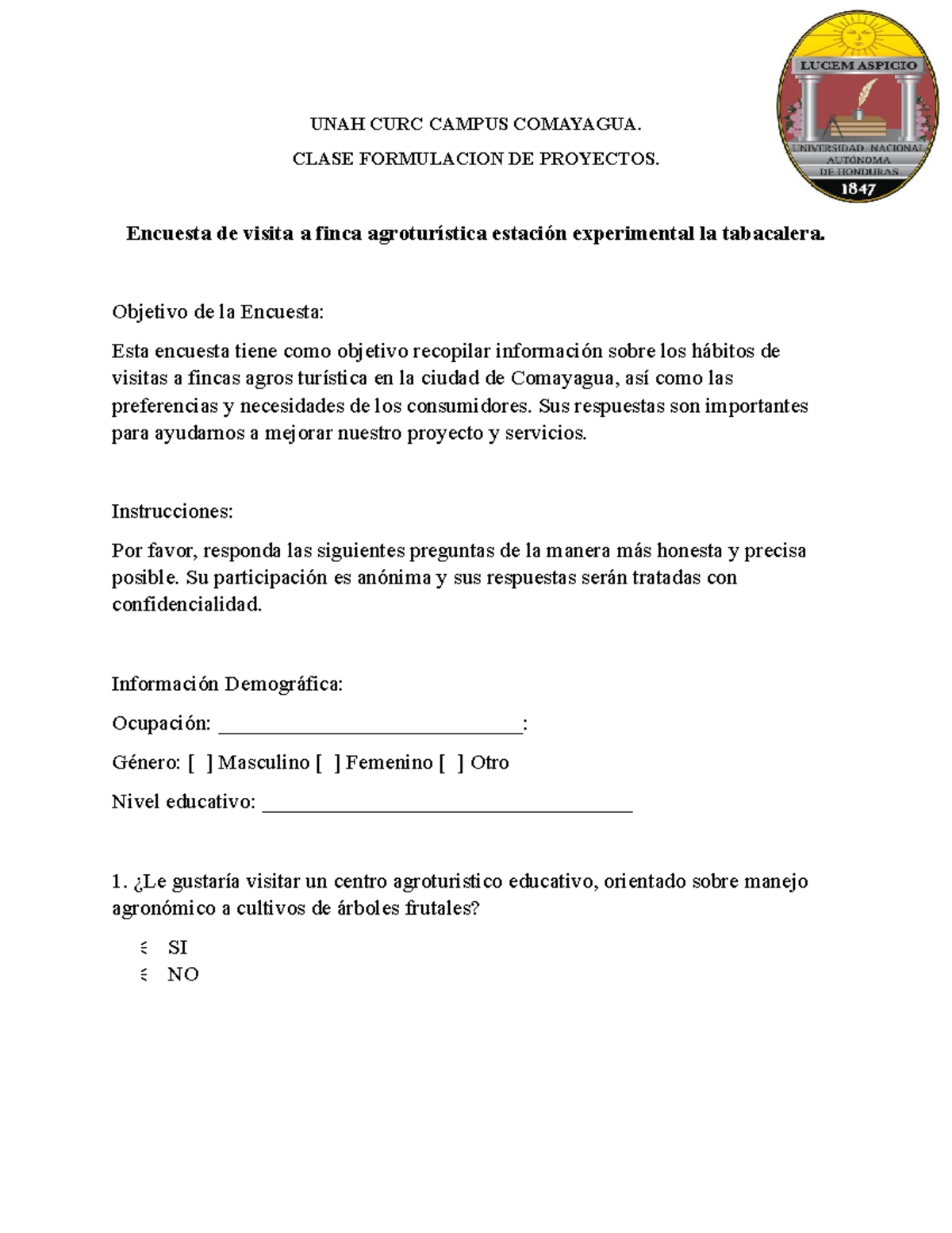 Encuesta de Agroturismo en UNAH CURC - Clase Formulación de Proyectos ...