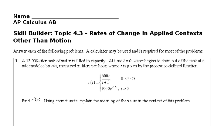 AP Calculus AB: Topic 4.3 Rates of Change in Applied Contexts - Studocu