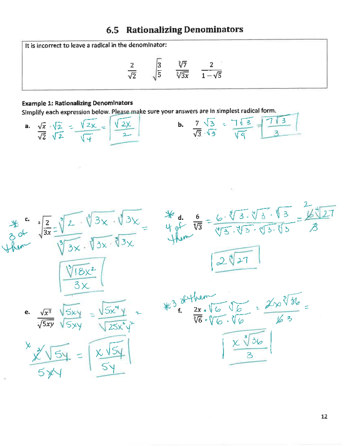 Lesson 6.5 notes - Expoent Unit with Radicals - 6 Rationalizing ...