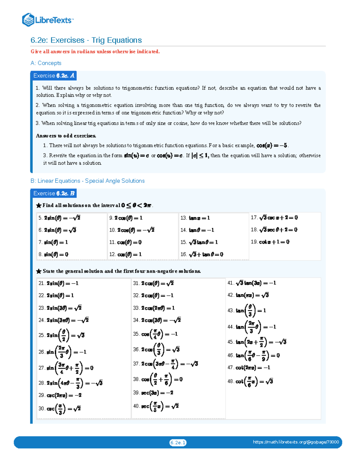 6.2e: Trigonometric Equations Exercises and Solutions in Radians - Studocu