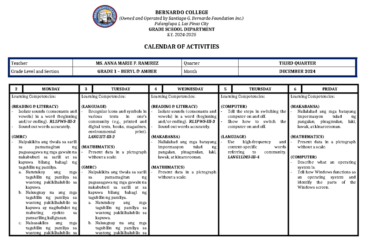 COA-DEC - Semi detailed lesson plan for Grade 1 subjects - BERNARDO ...
