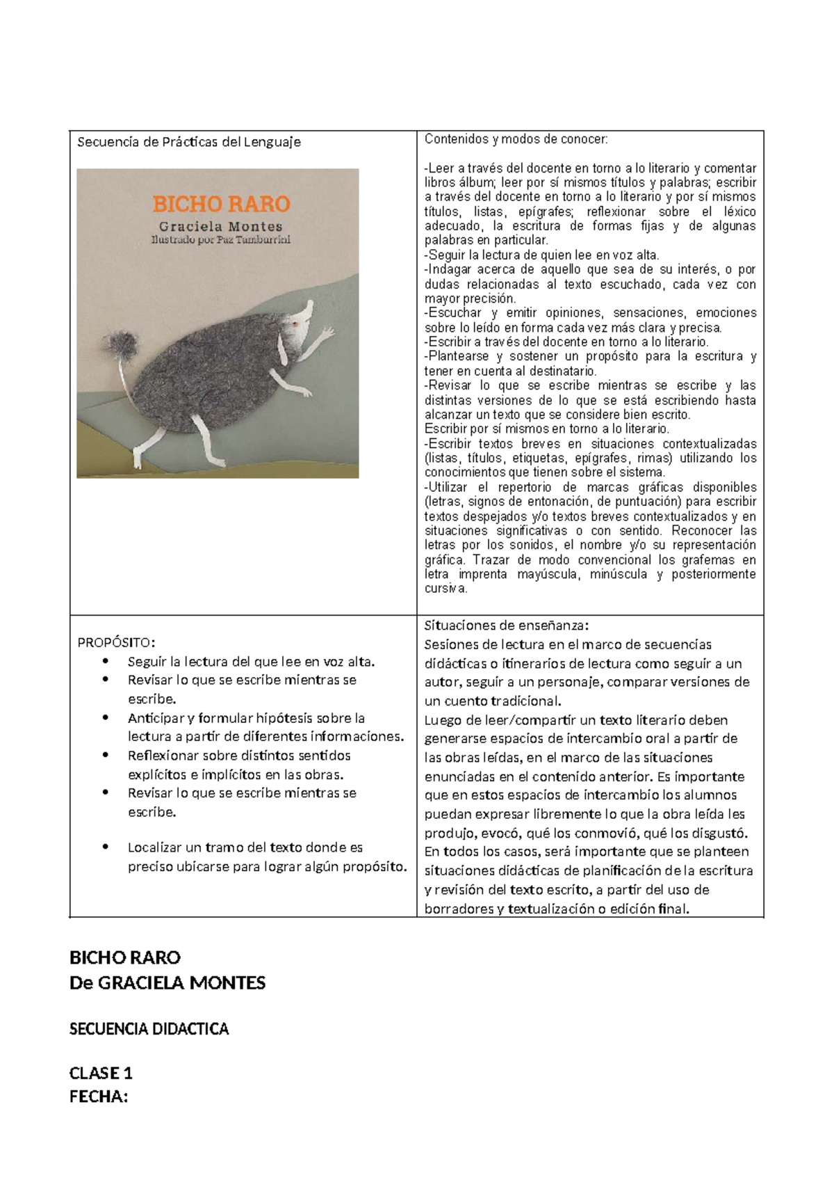 Secuencia Didáctica: Bicho Raro en 3° - Clases y Actividades - Studocu