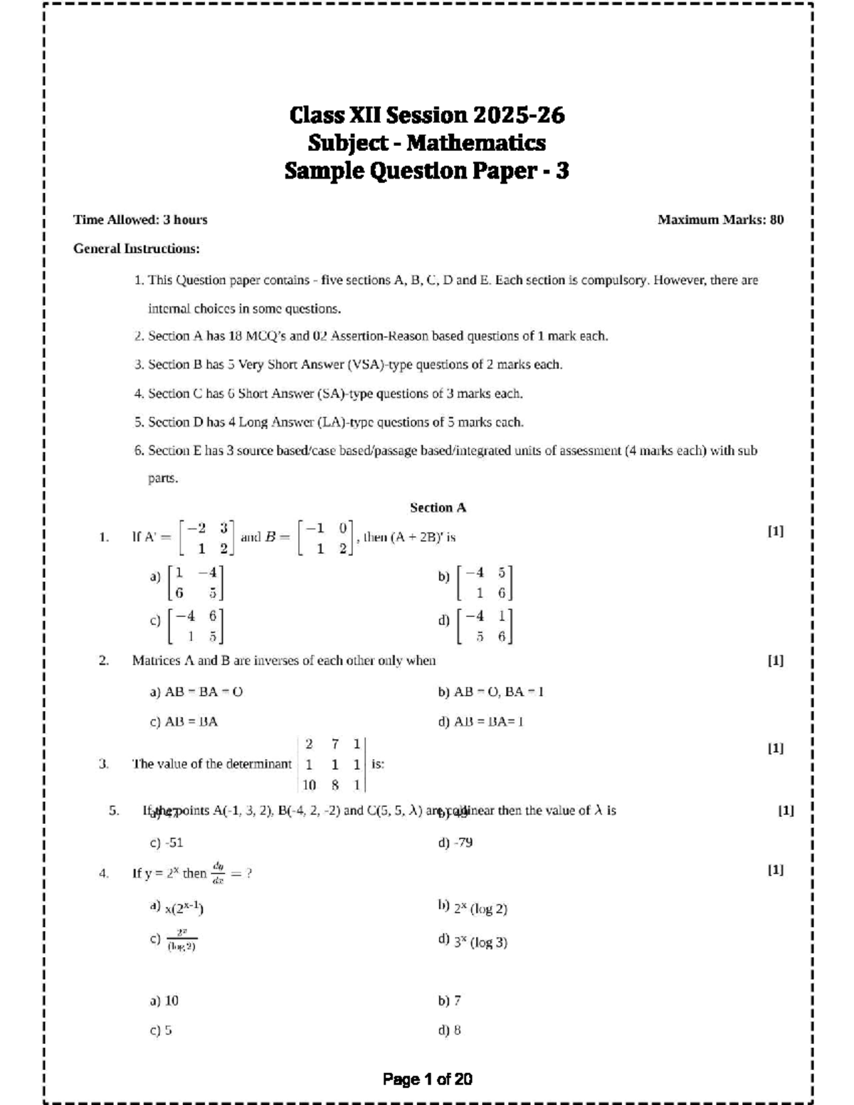 Class XII Mathematics Sample Question Paper 3 - Studocu