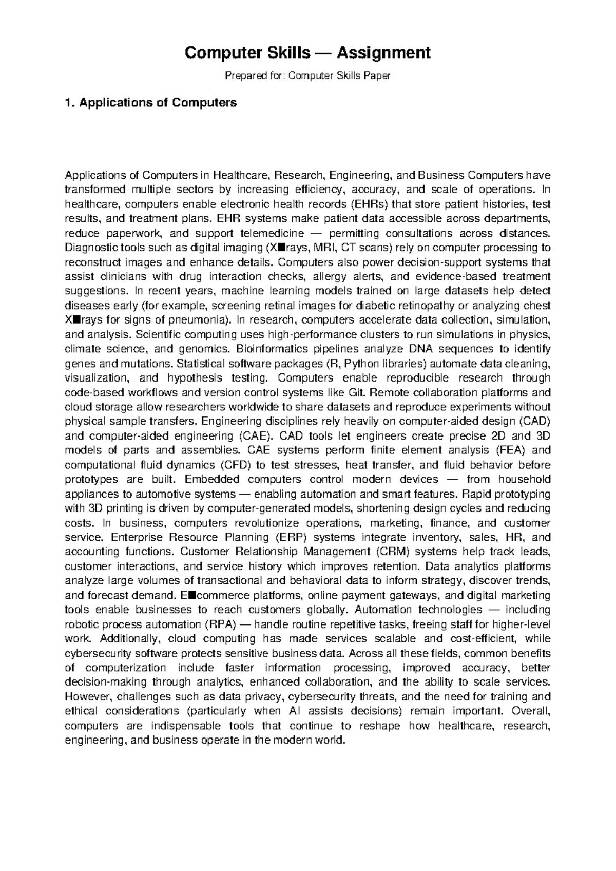 Computer Skills Assignment: Applications, Flowcharts, Data Types & RAM ...