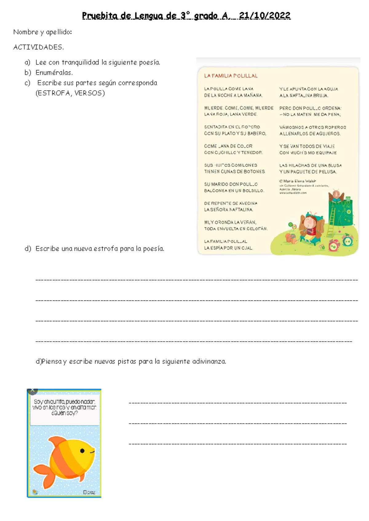 3 grado B prueba de poesia - Pruebita de Lengua de 3° grado A. 21/10 ...