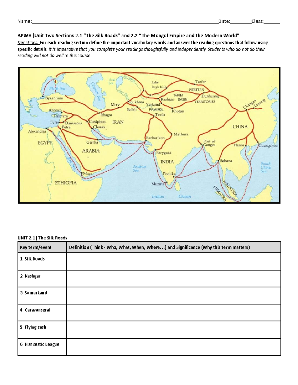 WHAP Unit 2: Silk Roads & Indian Ocean Trade - Vocabulary & Key ...