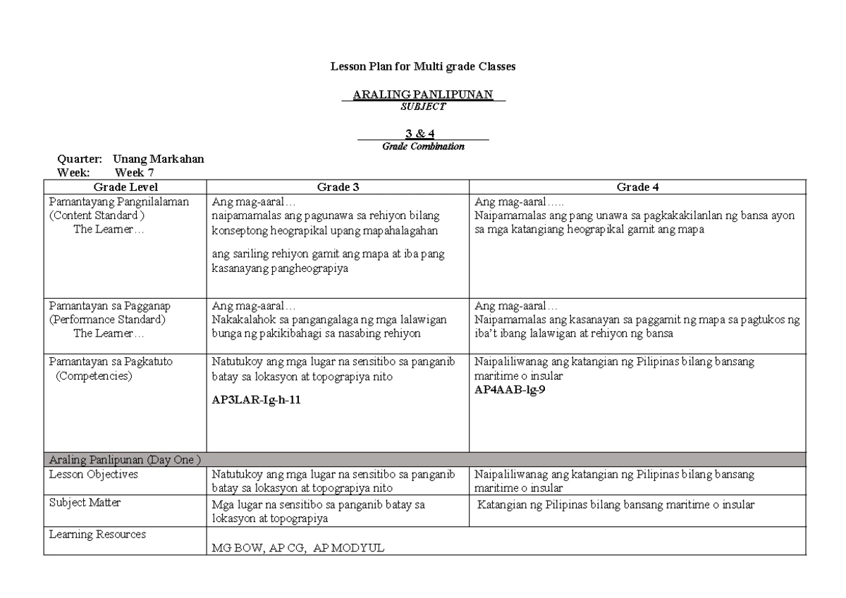 MG DLP Aralpan 34 - Lesson Plan for Multigrade Classes on Risks - Studocu