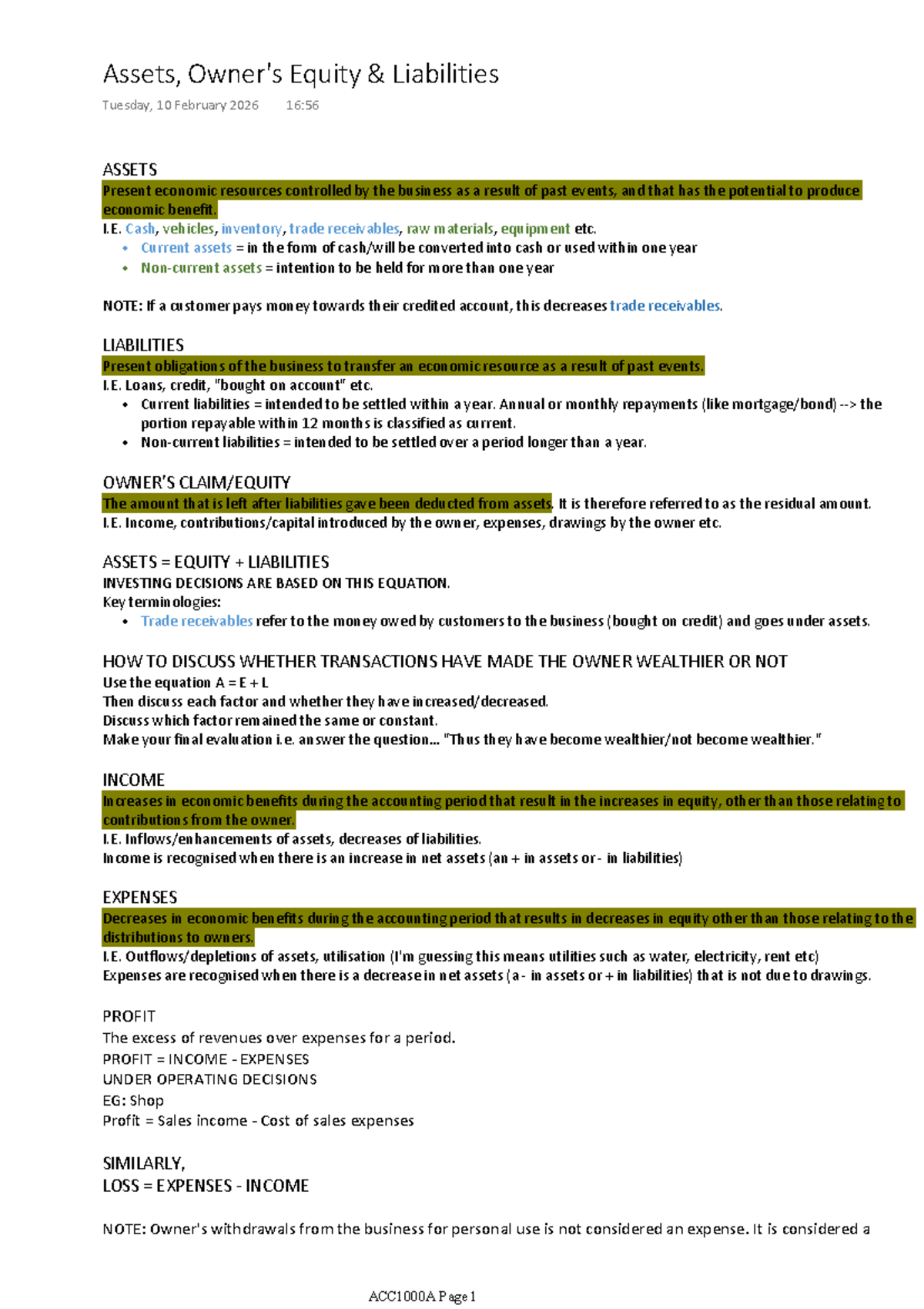 Assets, Owner's Equity & Liabilities Overview - ACCT 101 - Studocu