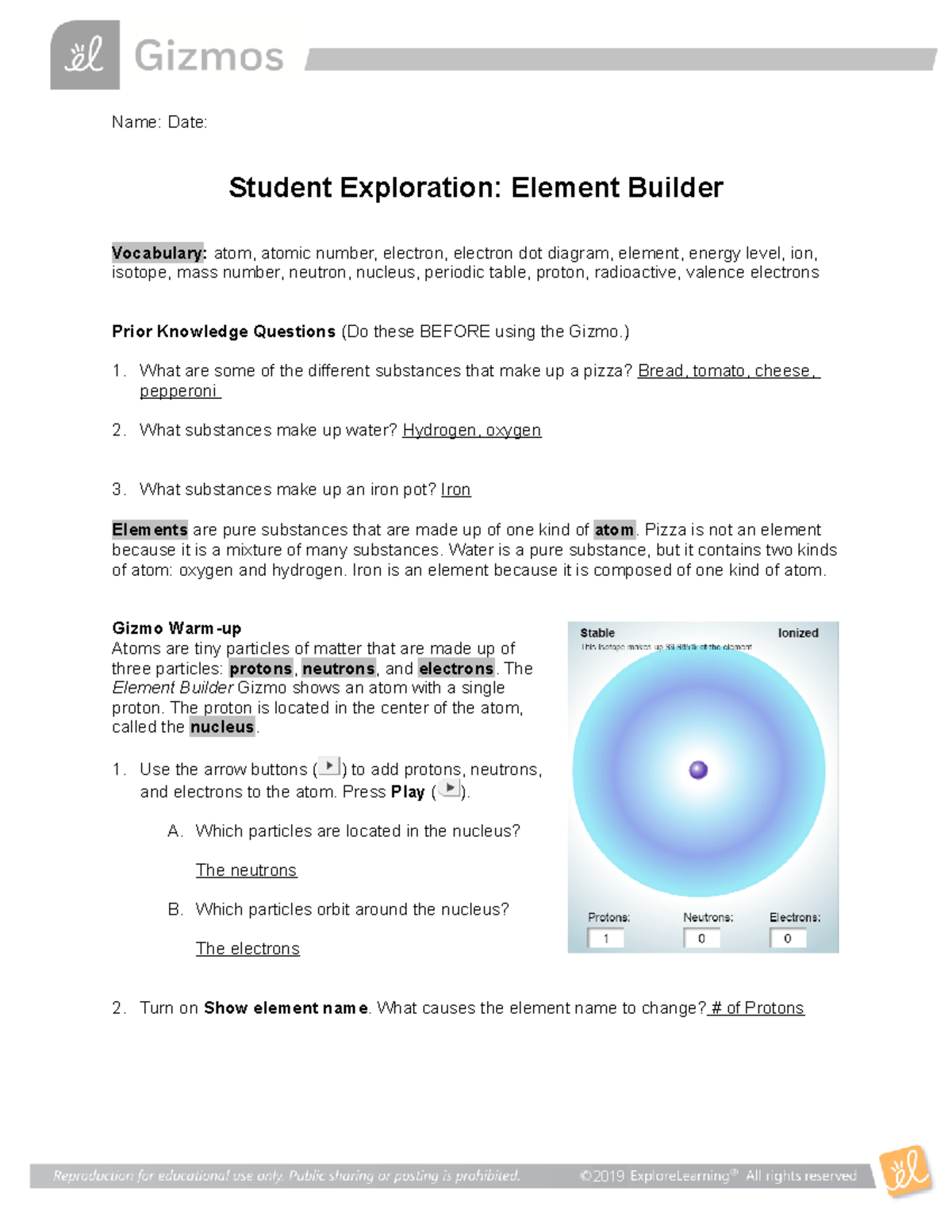 Element Builder SE Gizmo: A Student Exploration Guide - Studocu