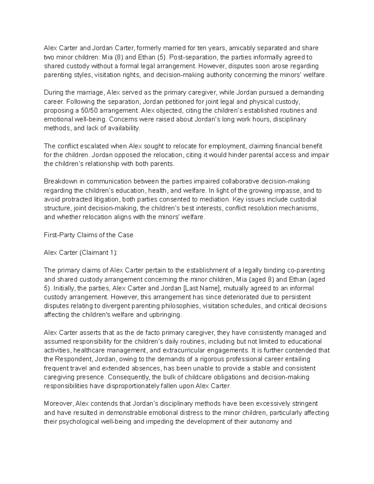 Mediation Agreement for Joint Custody: Alex & Jordan Carter Case - Studocu