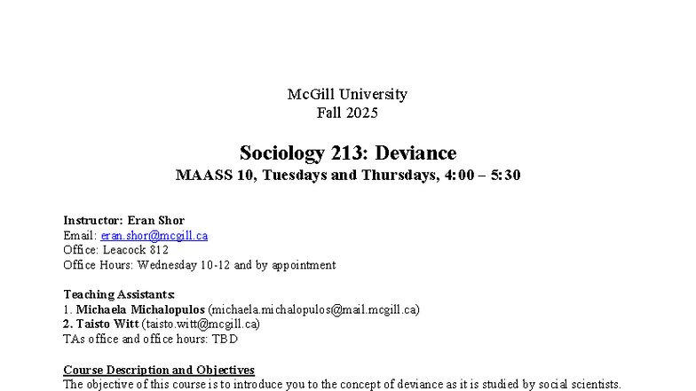 SOCI 213: Deviance Course Syllabus - McGill University Fall 2025 - Studocu