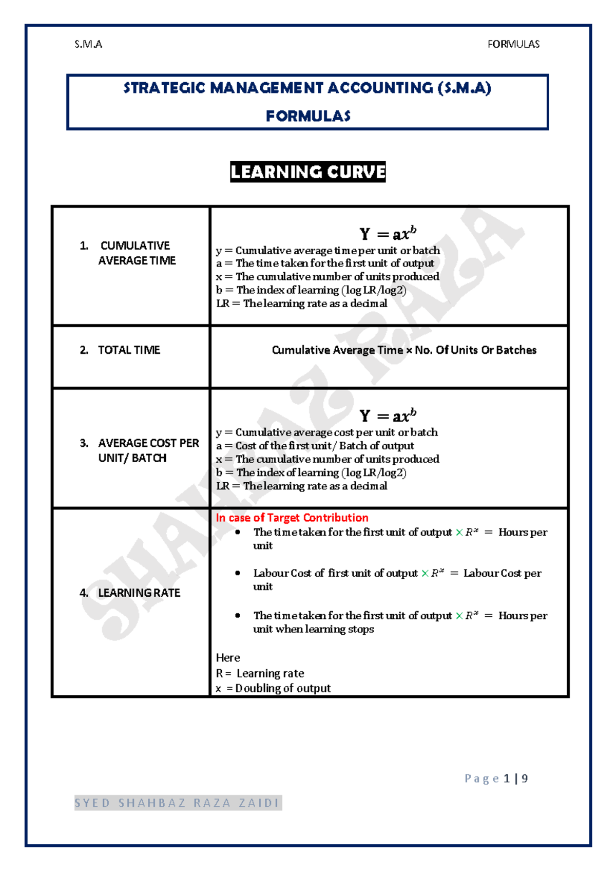 S.M.A Formulas for Strategic Management Accounting Concepts - Studocu