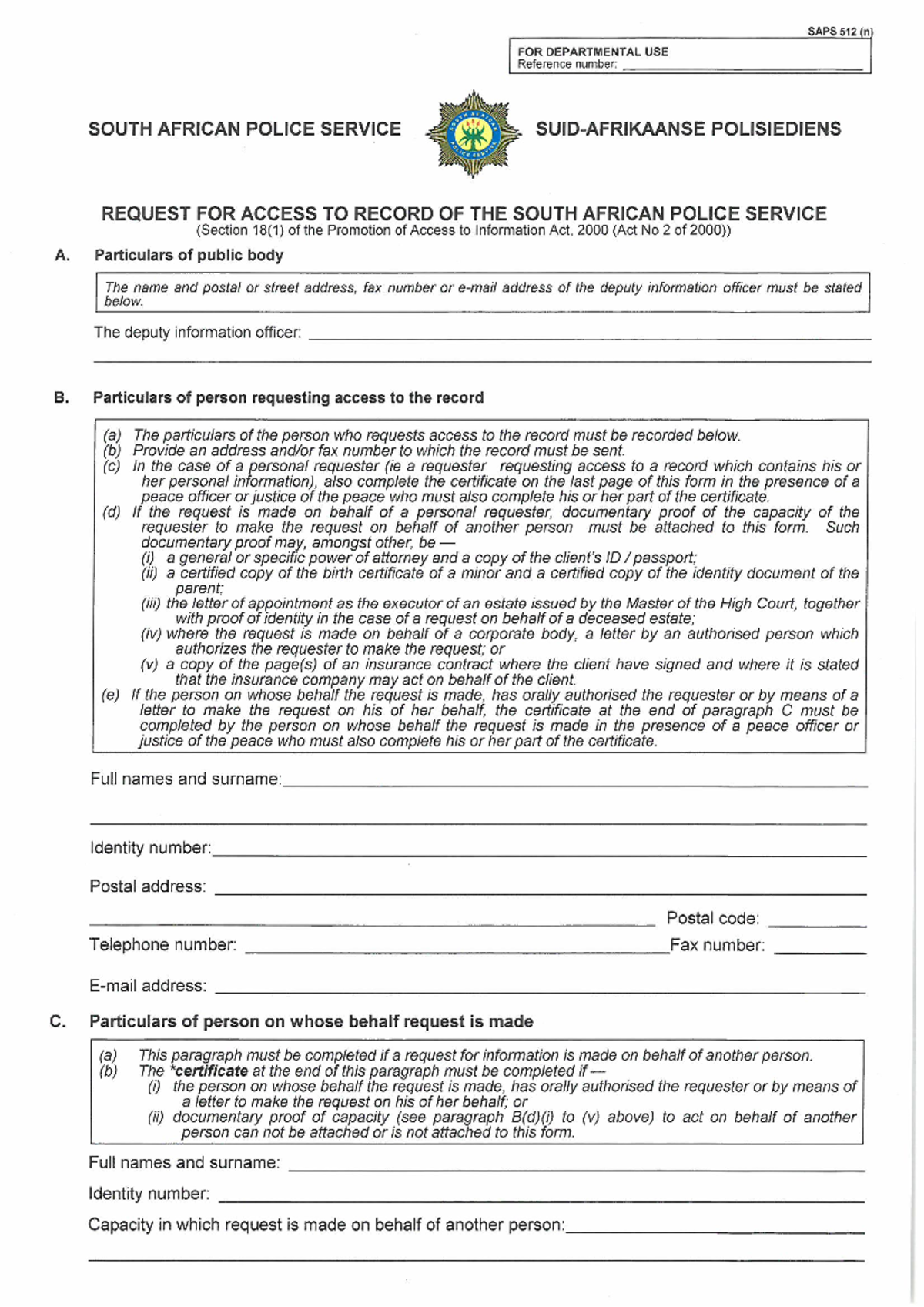 SAPS 512n - Notification Form for Creditors of Deceased Estates - Studocu