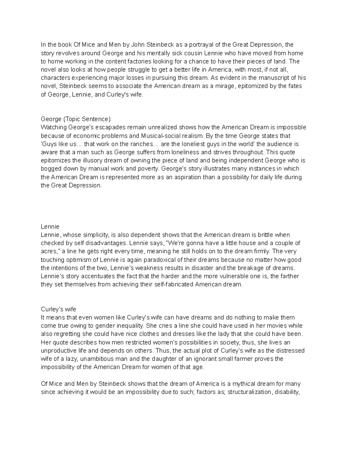 Of Mice and Men Essay: The Illusion of the American Dream - Studocu