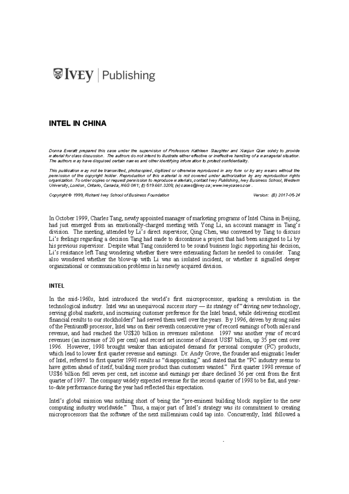 9A99C007 Intel in China: Case Study on Management Challenges - Studocu