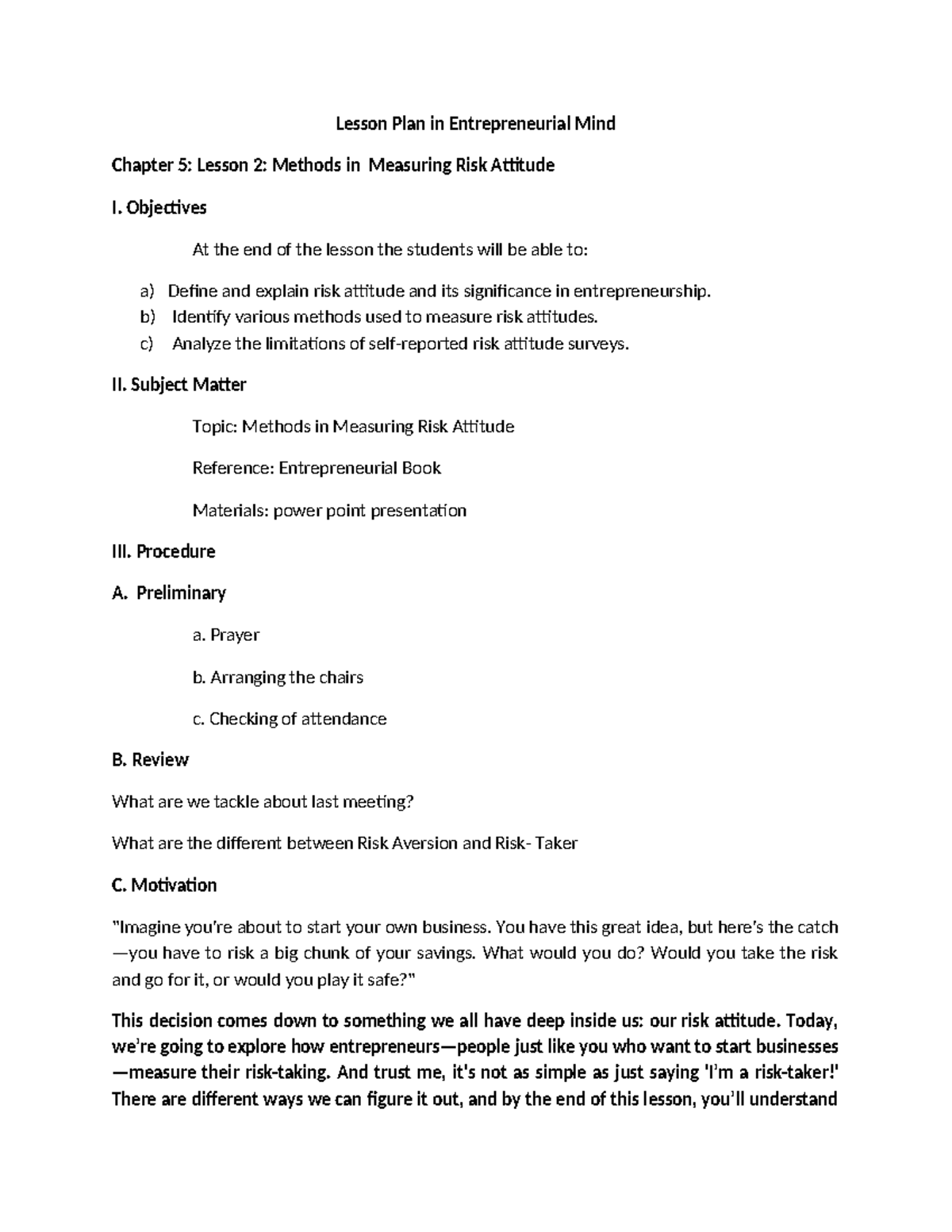 Lesson Plan - Methods in Measuring Risk Attitude (ENT 101) - Studocu