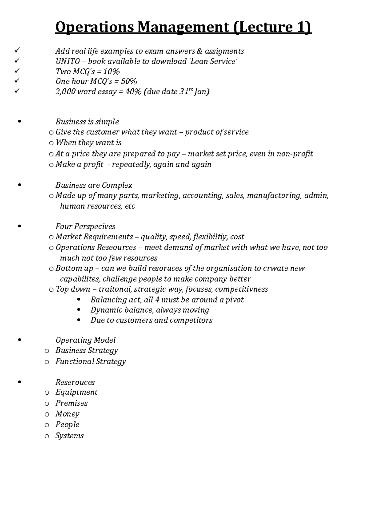 Operations Management Notes - Lecture 1 - Operations Management ...