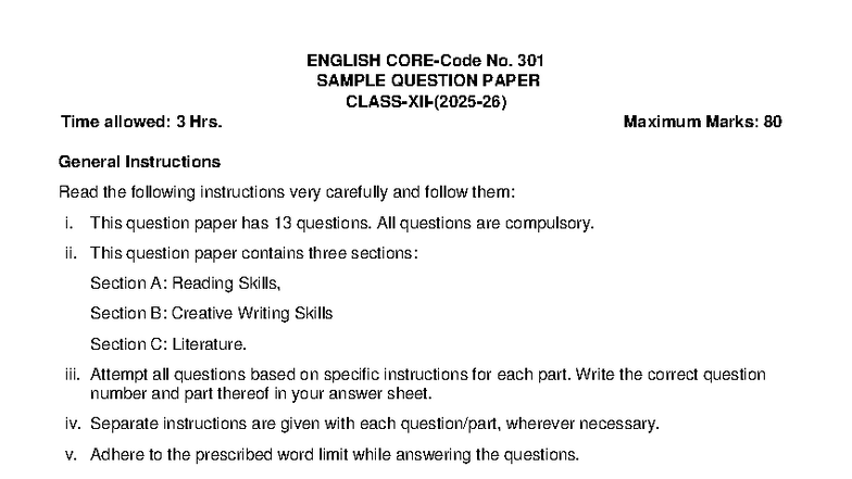 ENGLISH No. 301 - Core Sample Question Paper (3 Hrs, 80 Marks) - Studocu