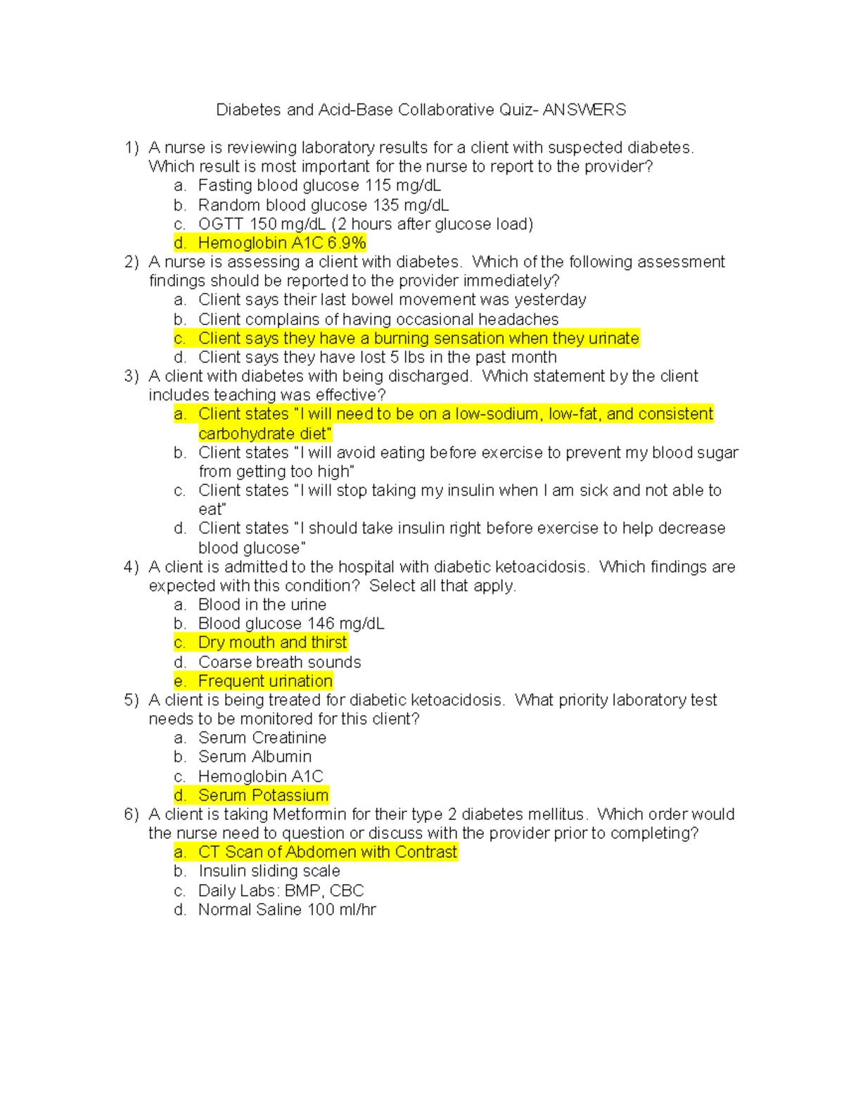 Diabetes Collaborative Quiz Answers: Key Lab Findings & Nursing Care ...