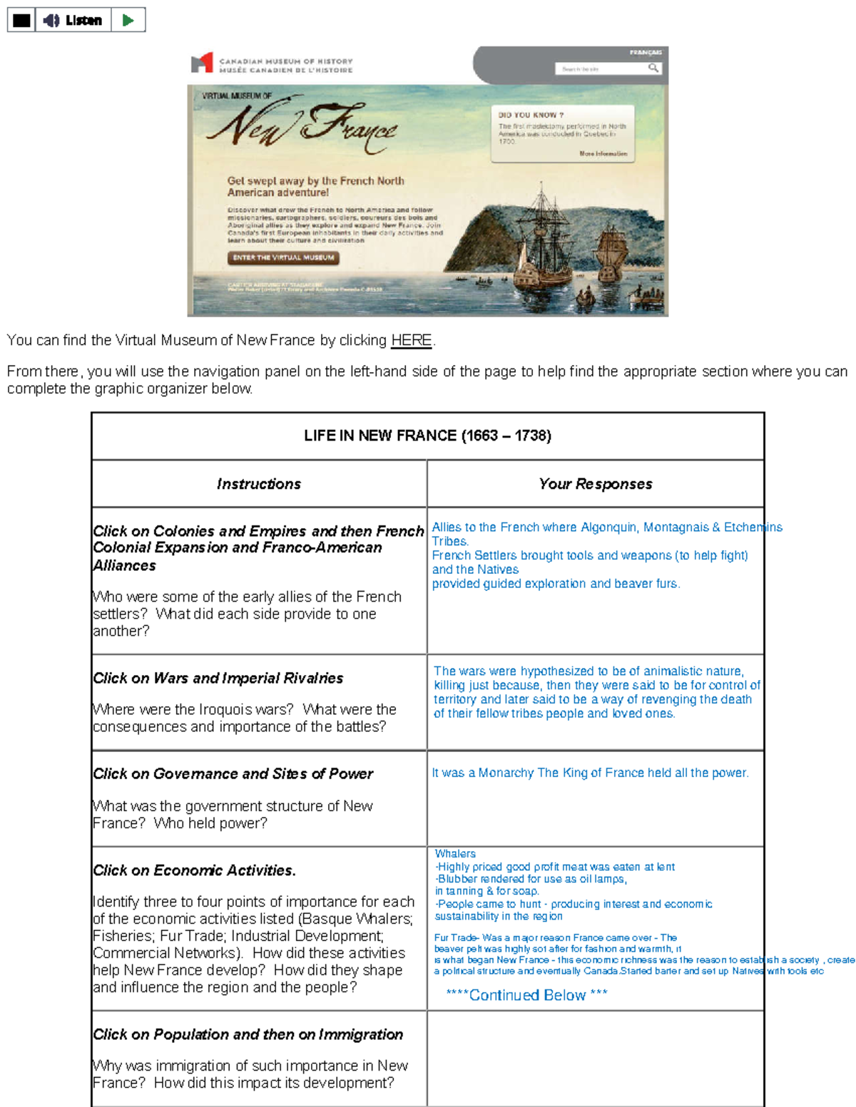 Life in New France Organizer Connor - You can find the Virtual Museum ...