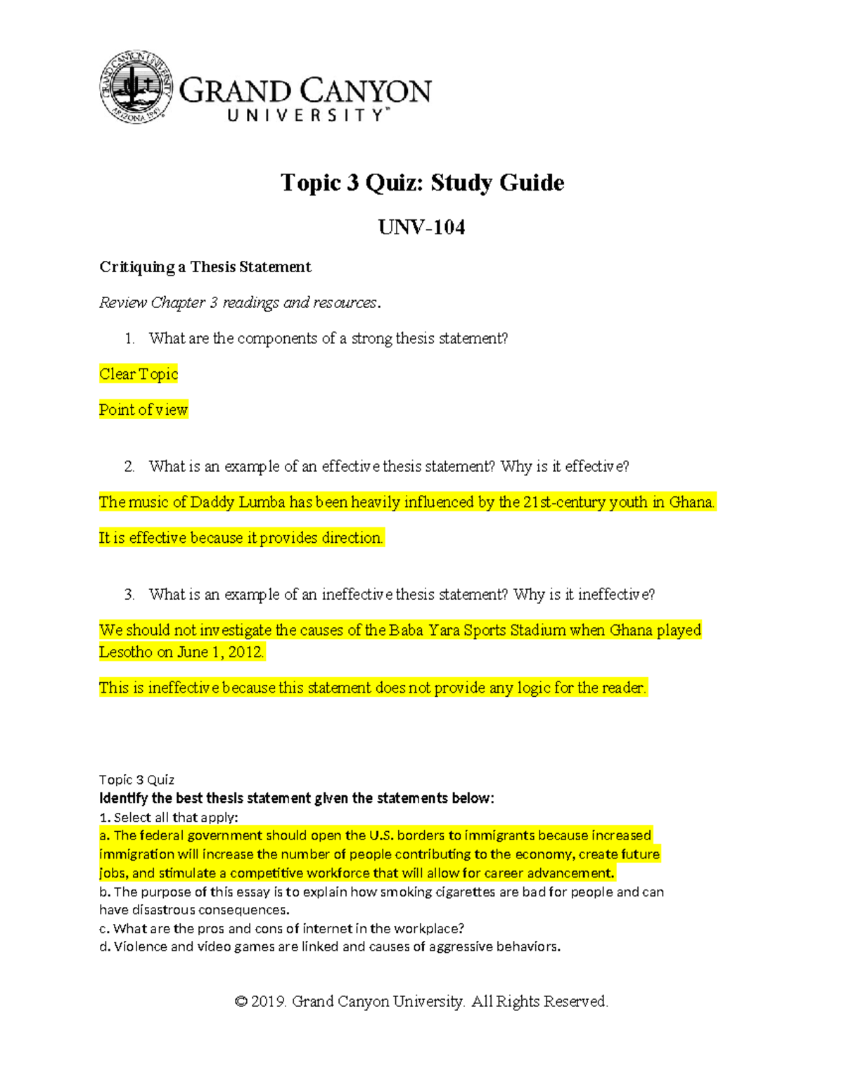 T3-Quiz Study Guide: Understanding Strong Thesis Statements - Studocu