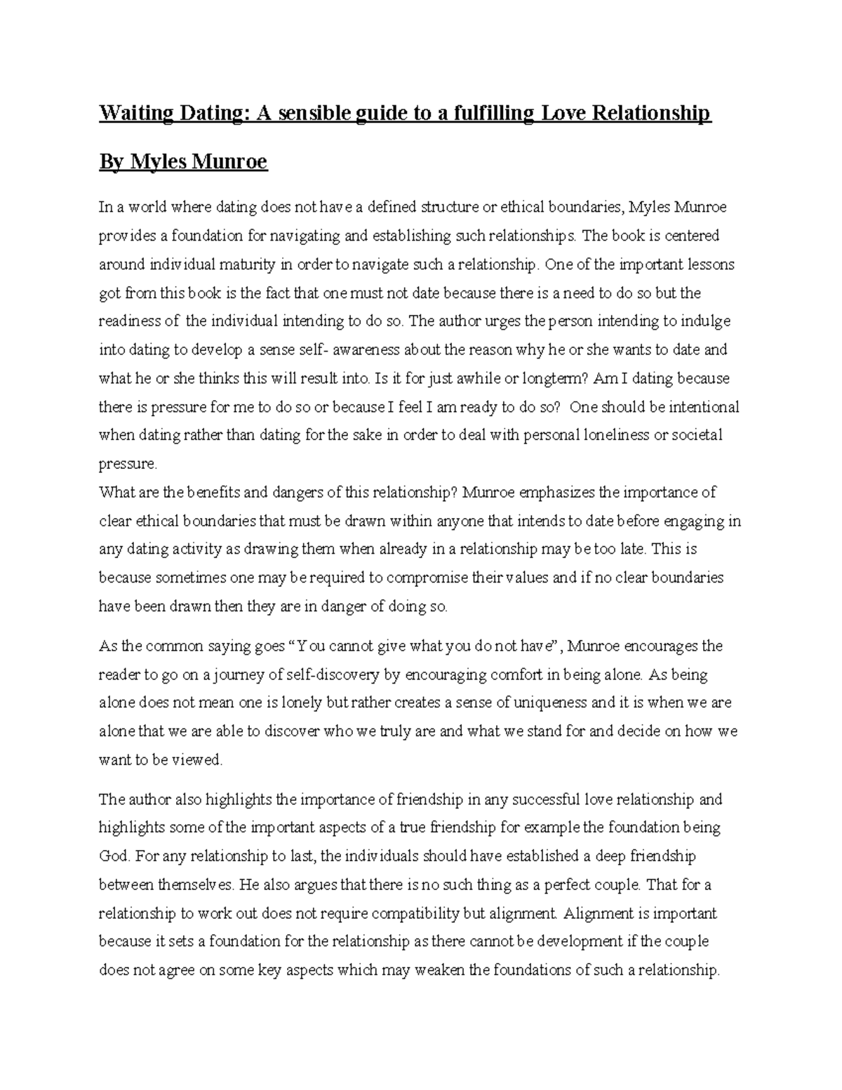 Waiting and Dating: A Review of Myles Munroe's Guide to Love - Studocu