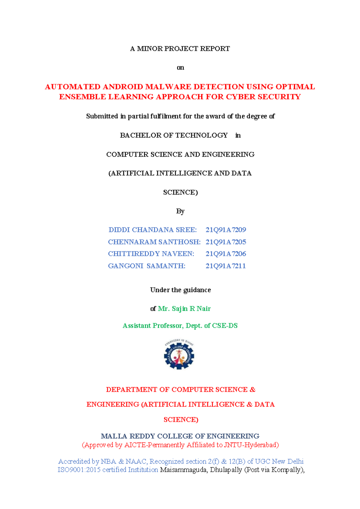 Automated Android Malware Detection: A Minor Project Report (B.Tech CSE) - Studocu