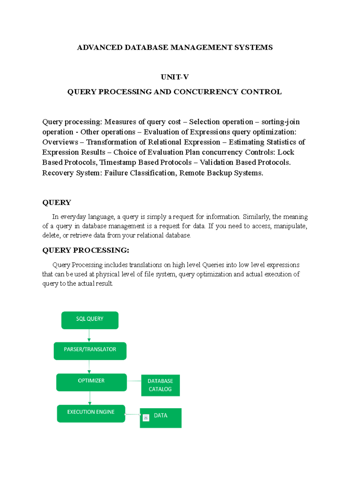 Adbms UNIT-5 - Computer network (Ac021 - ADVANCED DATABASE MANAGEMENT SYSTEMS UNIT-V QUERY - Studocu