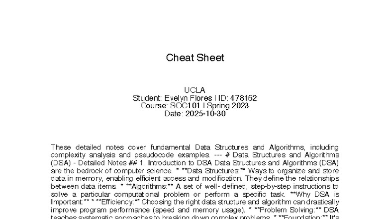 SOC101 Spring 2023: DSA Cheat Sheet & Complexity Analysis - Studocu
