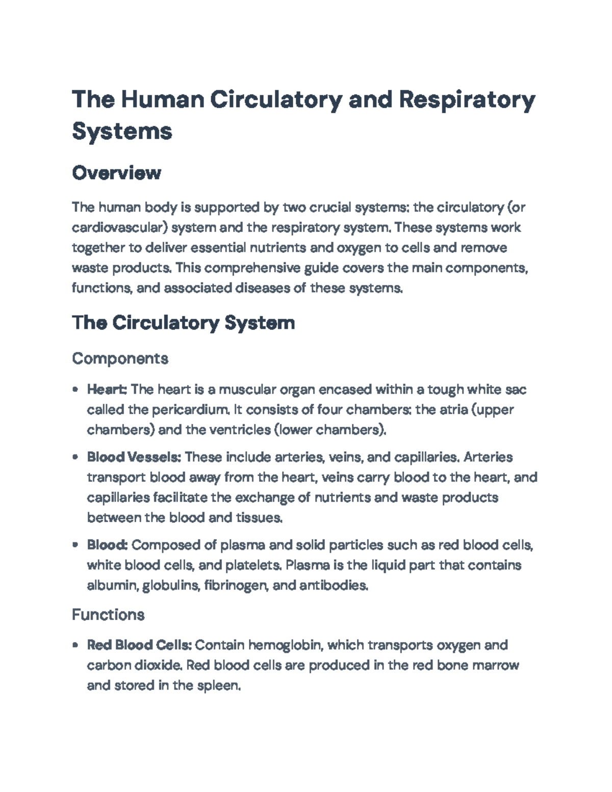 Human Circulatory and Respiratory Systems Overview - Final Exam Notes ...