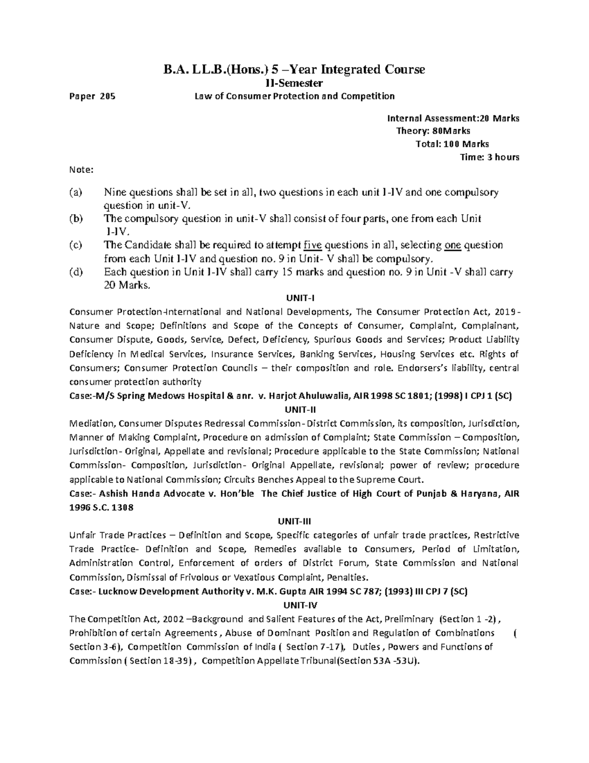 5 - COMPETITION LAW SYLLABUS AND TOPICS - B. LL.(Hons.) 5 – Year ...