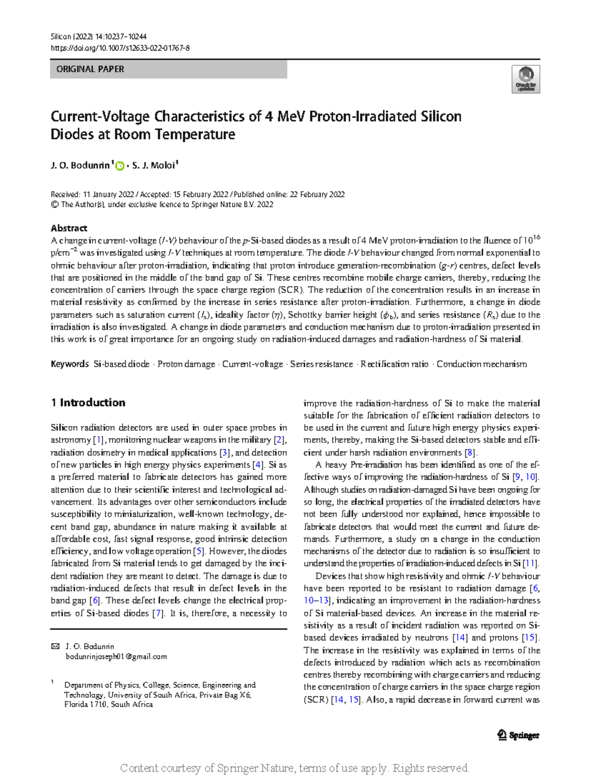 Current-Voltage Characteristics of 4 MeV Proton-Irradiated Silicon ...