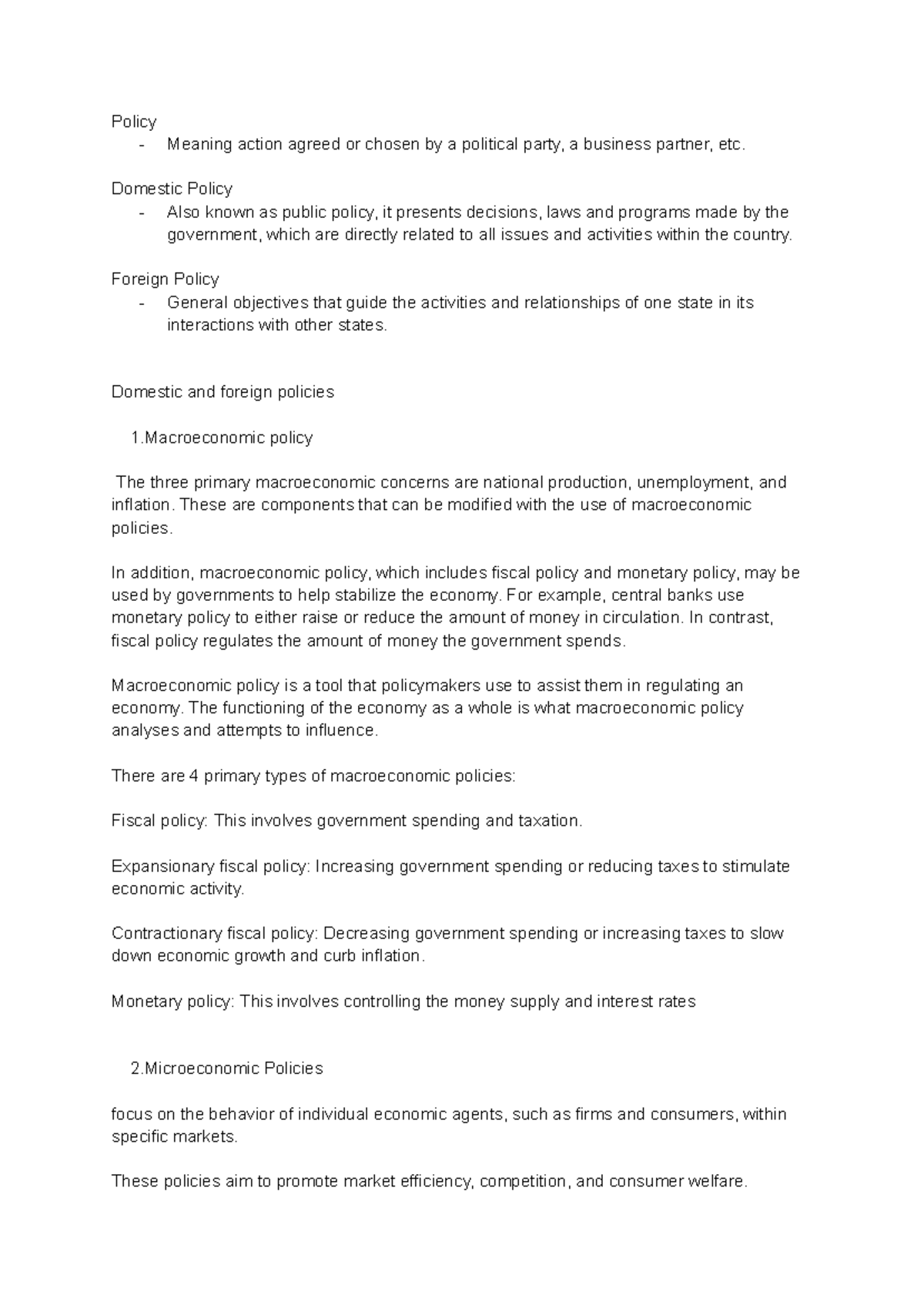 Domestic and foreign policies - Policy - Meaning action agreed or ...