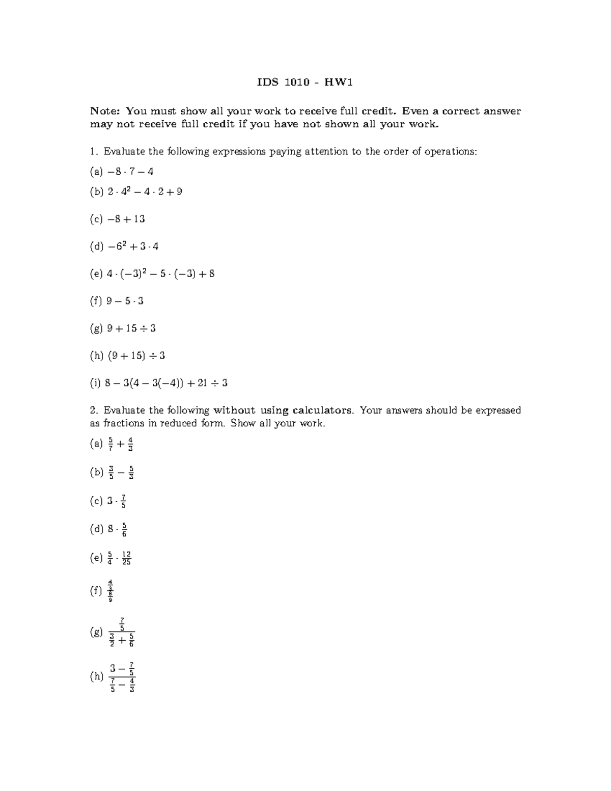 IDS 1010 - Homework 1: Evaluating Expressions and Fractions - Studocu