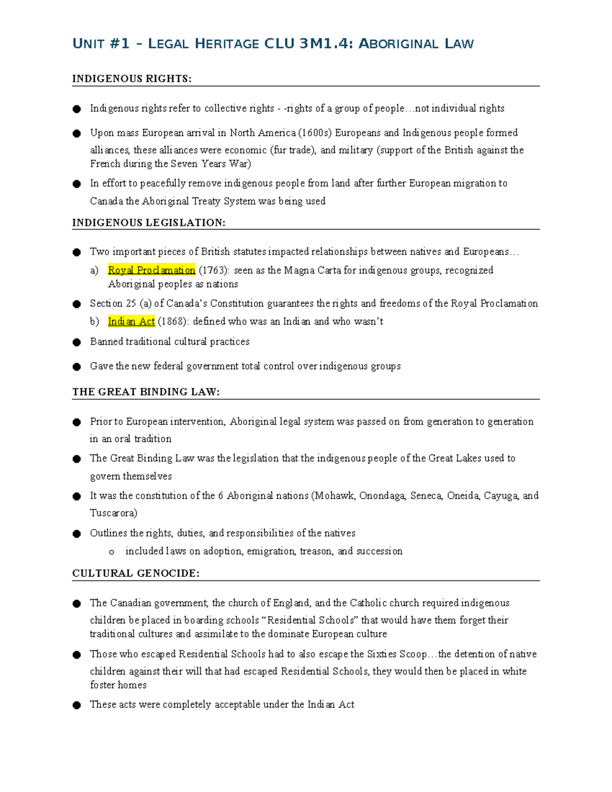 Indigenous Rights Overview: Legal Heritage CLU 3M1.4 Examination - UNIT ...