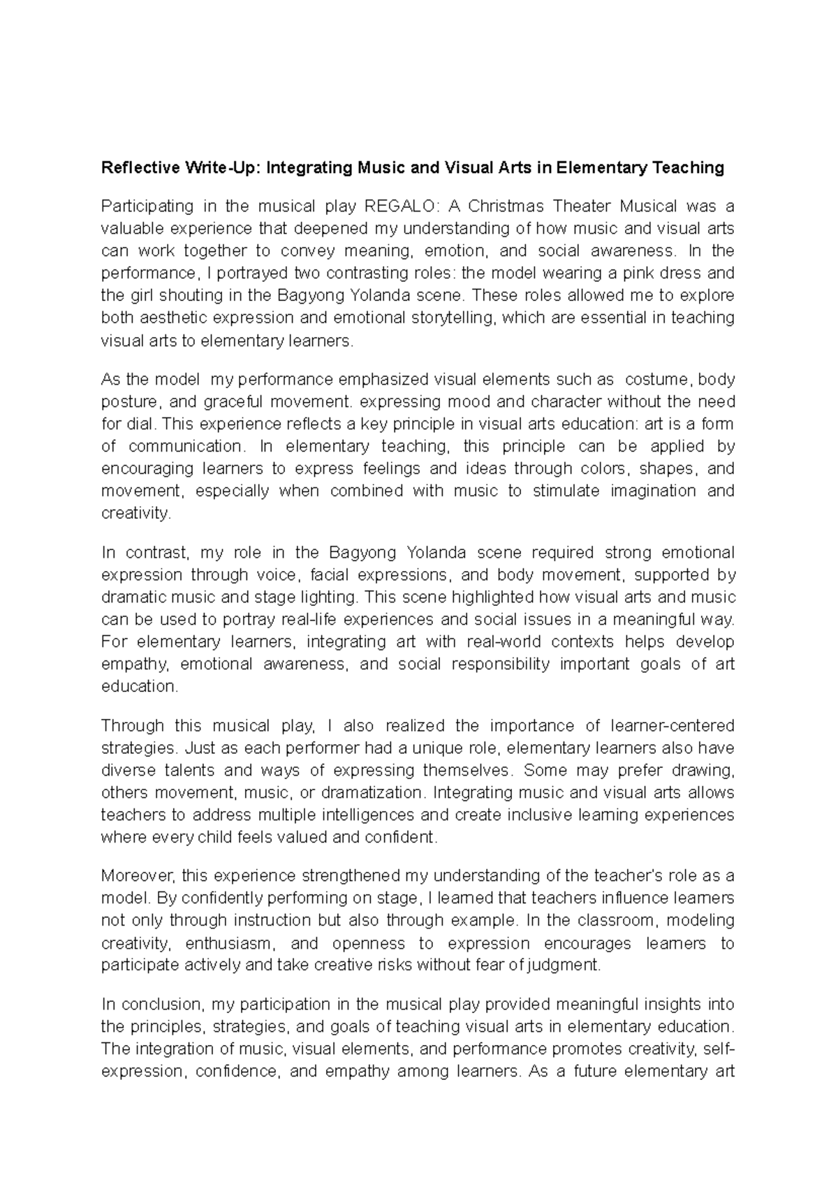 Reflective Essay on Integrating Music & Visual Arts in Elem. Ed. - Studocu