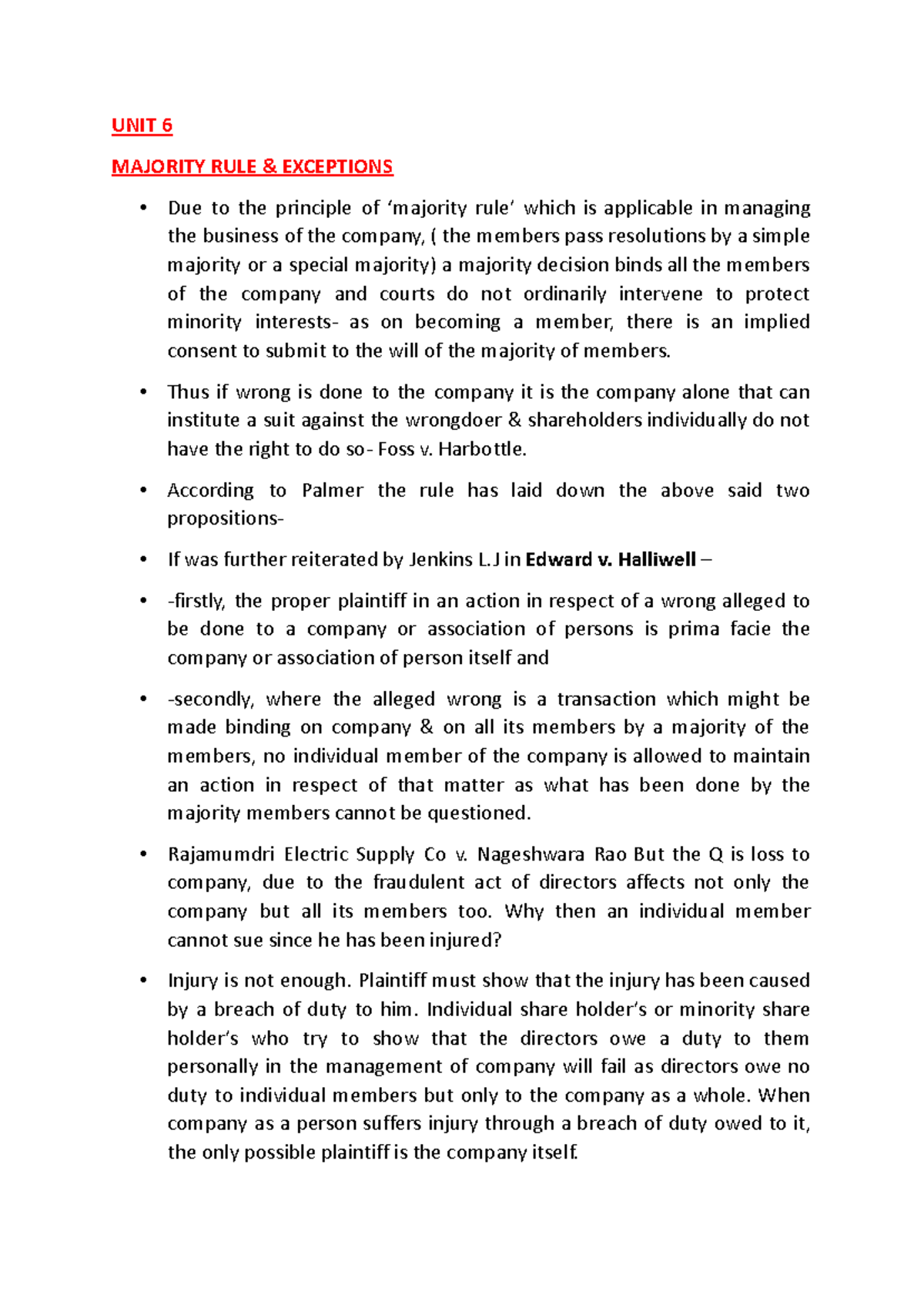 Unit 6 - Majority Rule & Exceptions: Legal Principles Explained - Studocu