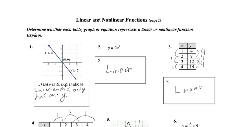 Identify linear worksheet - Linear and Nonlinear Functions (page 2) Determine whether each table ...