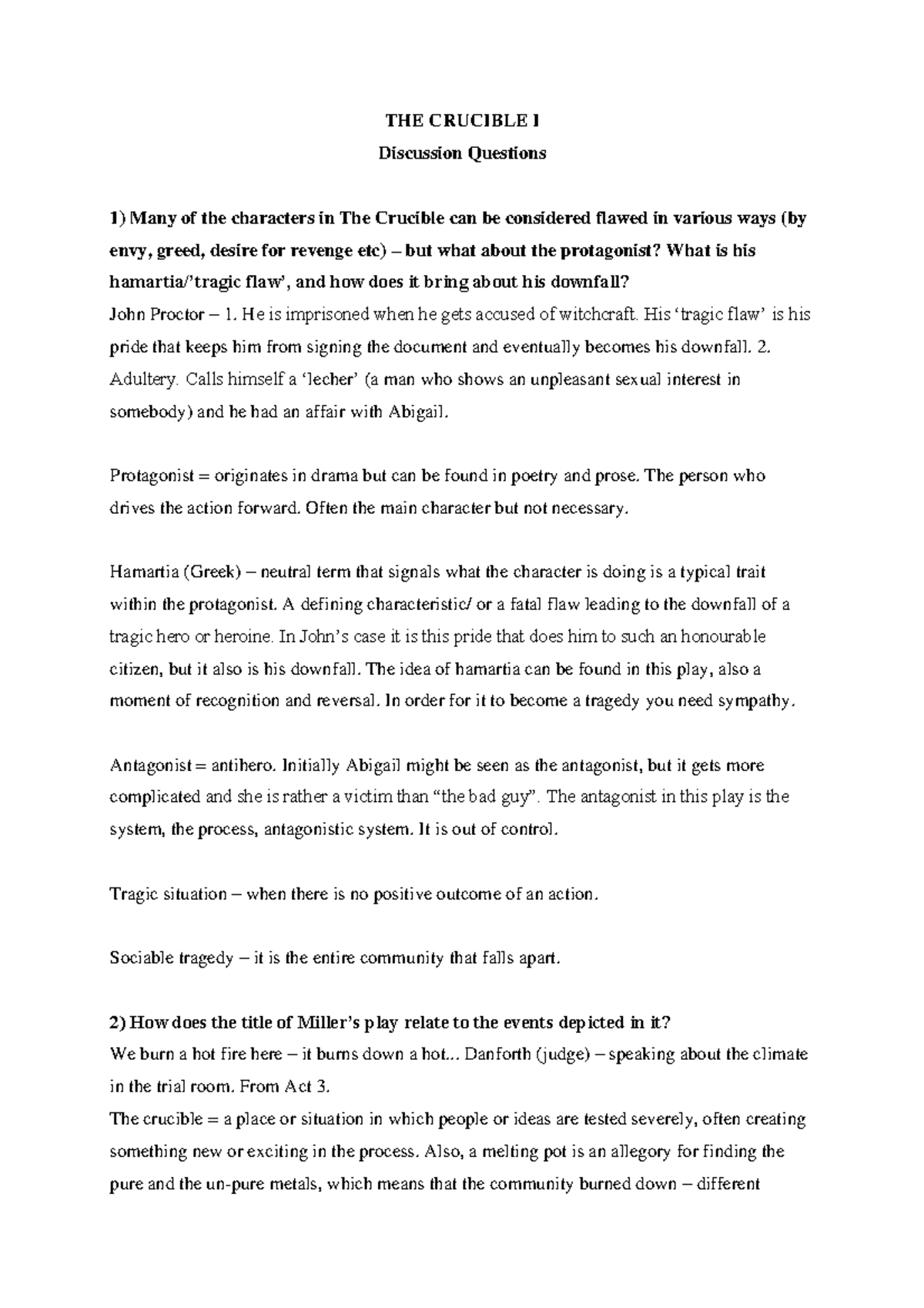The Crucible discussion questions for each chapter - ENGA03 - Studocu