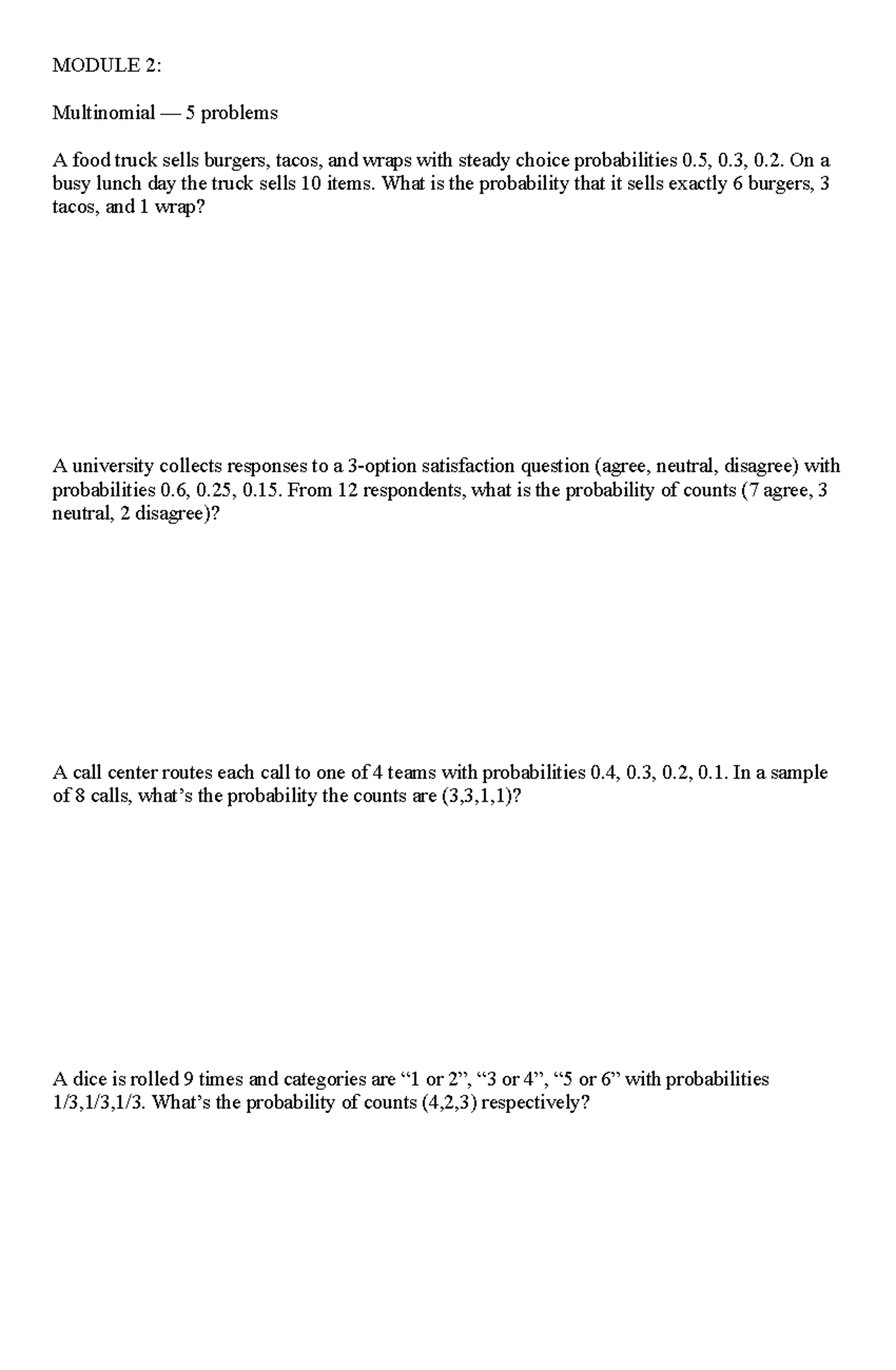 Module 2: Probability Problems - Multinomial, Hypergeometric, Negative Binomial, - Studocu