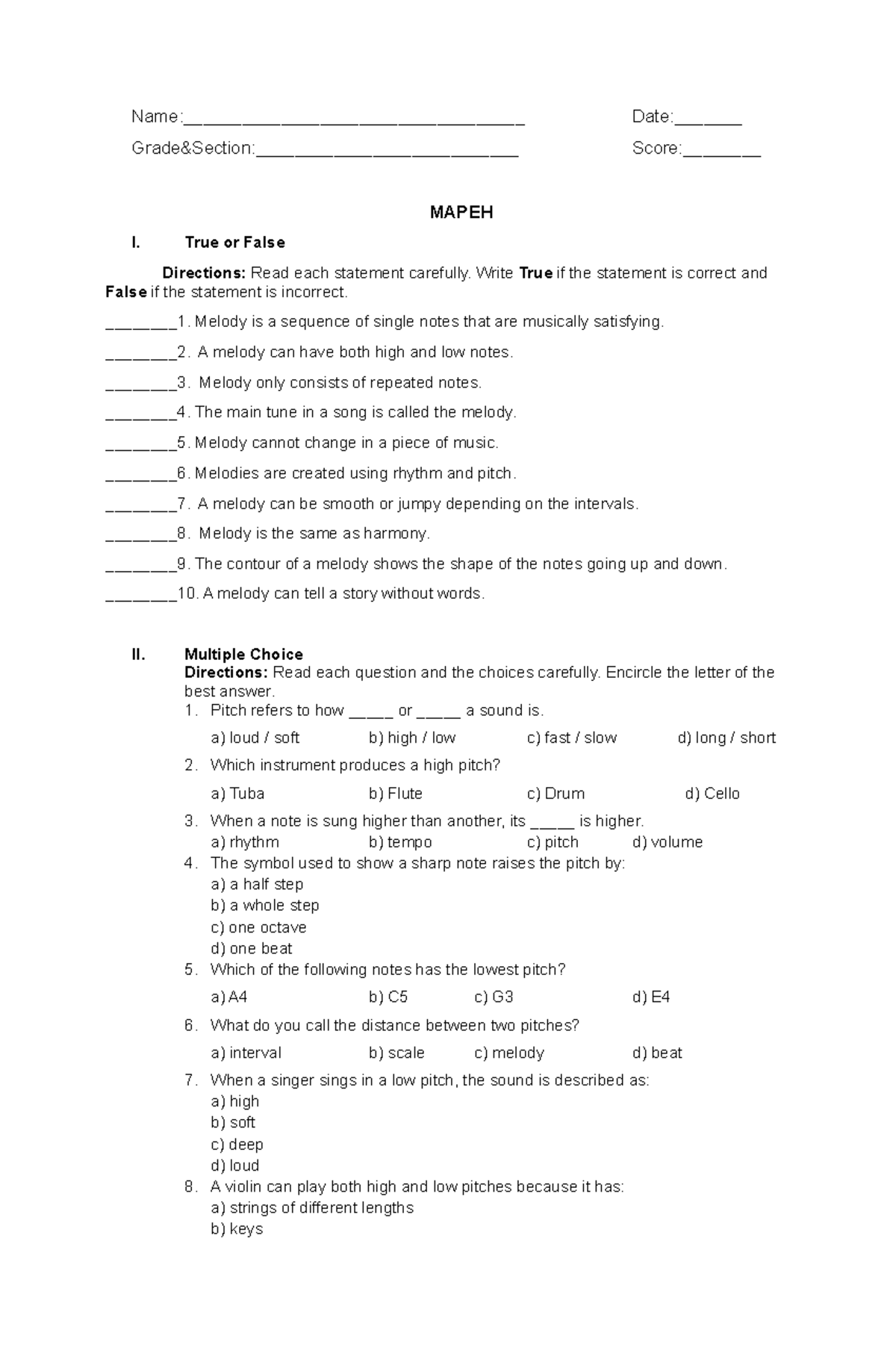 MAPEH I: True or False, Multiple Choice & Fill in the Blank Quiz - Studocu