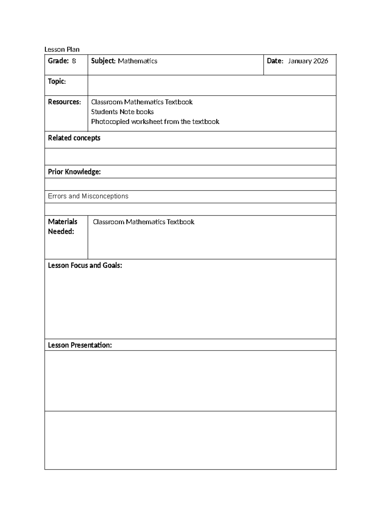 Grade 8 Lesson Plan template - Lesson Plan Grade: 8 Subject ...